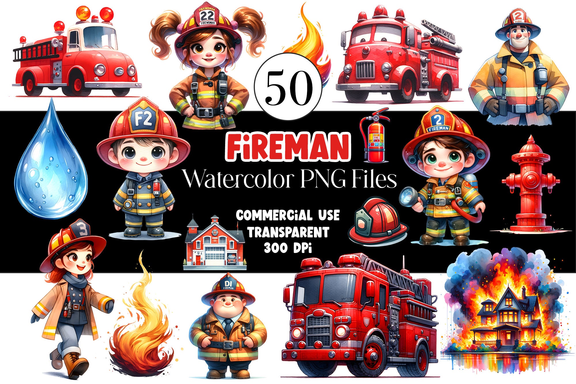 Watercolor Firetruck Clipart Firefighter PNG Fire Department PNG ...