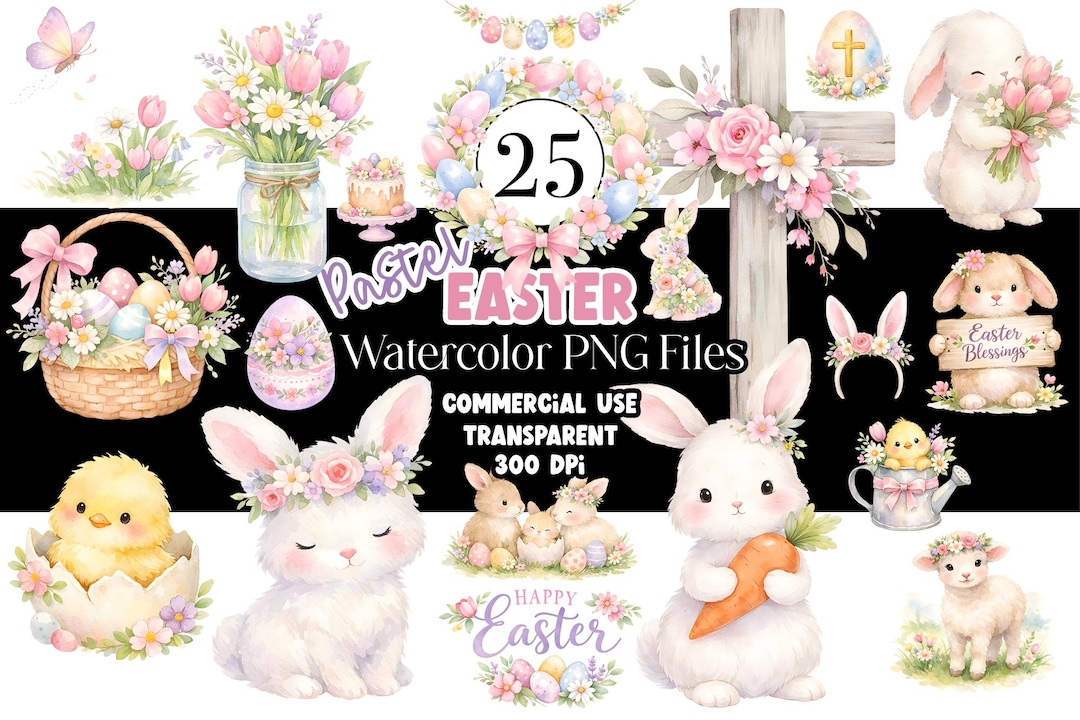 Watercolor Easter Clipart PNG Bundle | Bunny, Eggs, Chicks & Florals ...