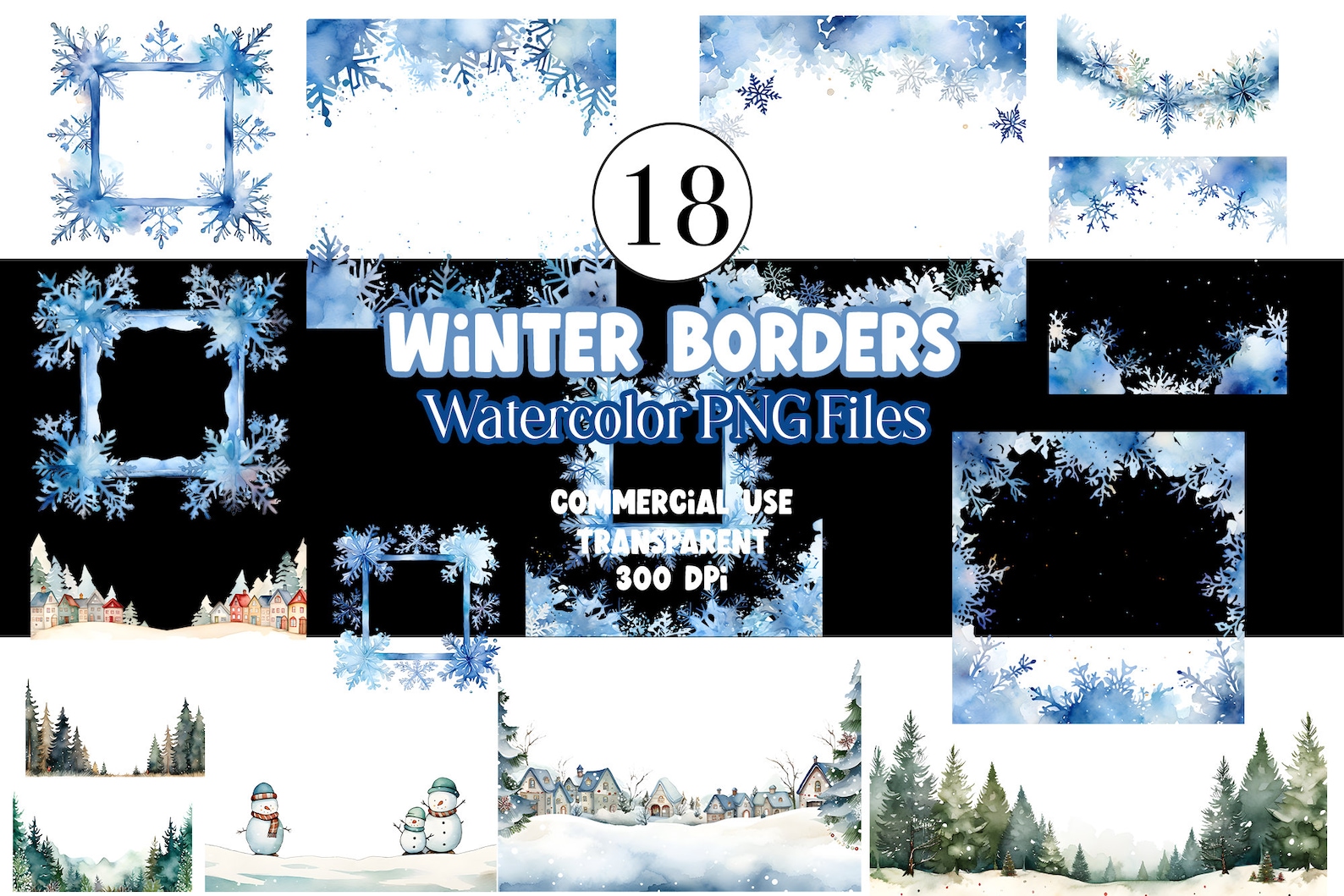 Snowflake Border Watercolor Clipart Winter PNG Commercial Use ...