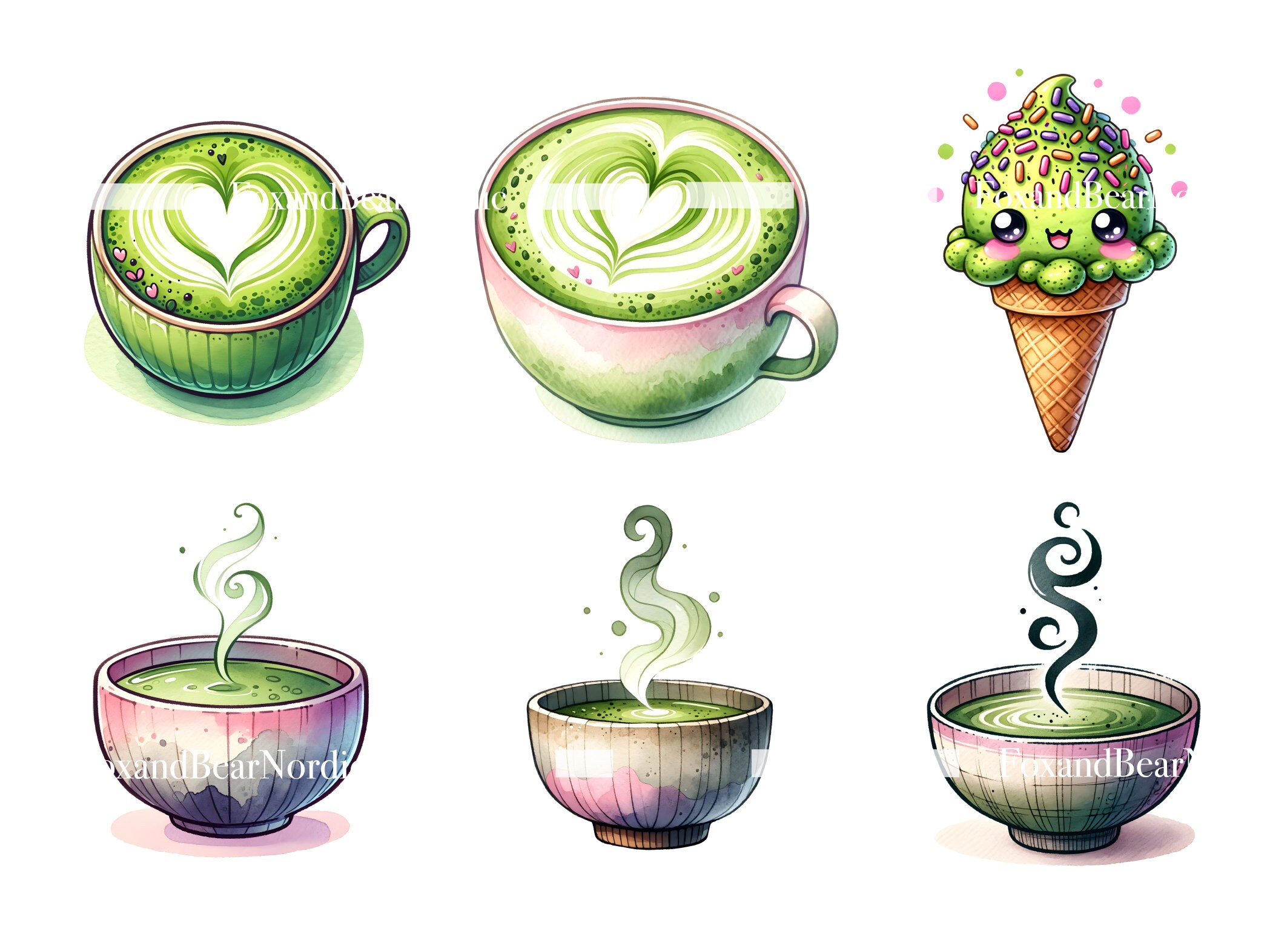 Watercolor Matcha Clipart Kawaii Clipart PNG Bundle Matcha Lover ...