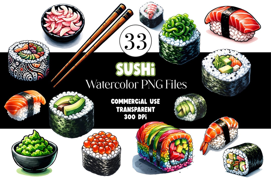 Watercolor Sushi Clipart Food Clipart Salmon Sushi Stickers Japanese ...