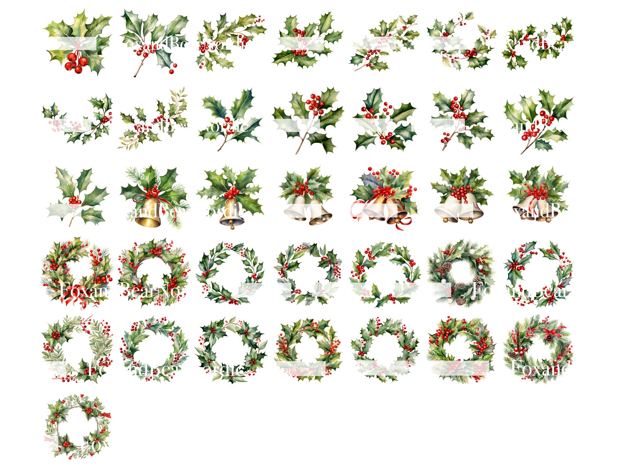 Holly Clipart Christmas Wreaths PNG Watercolor Clipart Winter - Etsy
