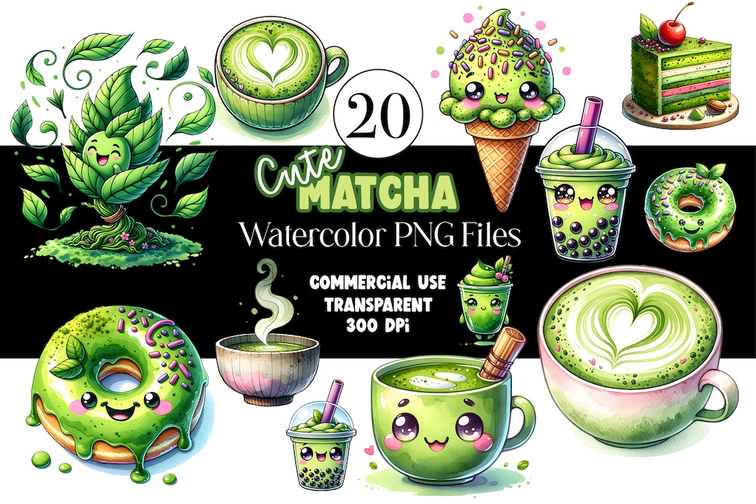 Watercolor Matcha Clipart Kawaii Clipart PNG Bundle Matcha Lover ...