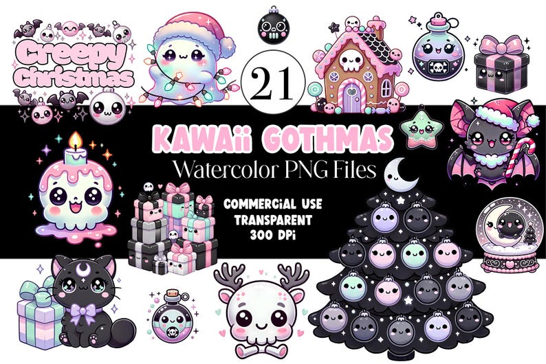Kawaii Gothmas Clipart PNG Bundle Cute Dark Christmas Clip Art Pastel ...