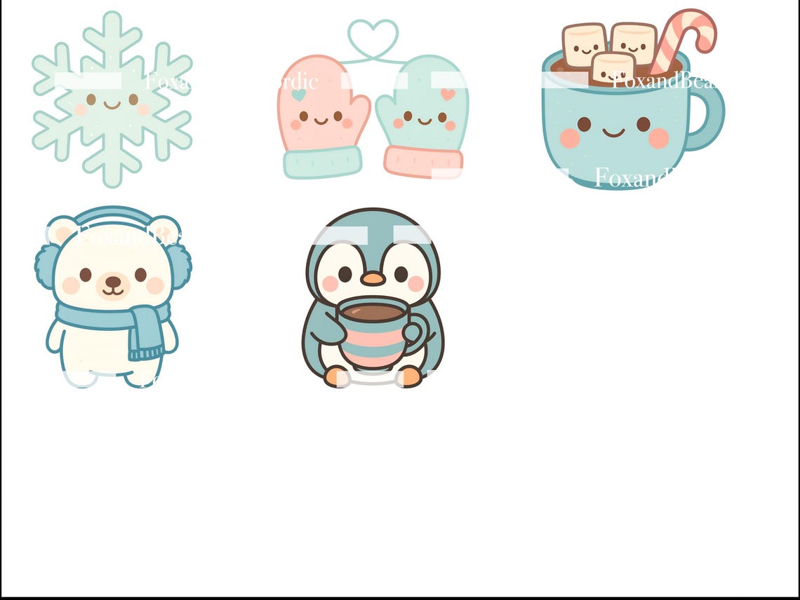 Kawaii Winter Clipart PNG Bundle | Cute Snowmen, Mugs, Penguins ...