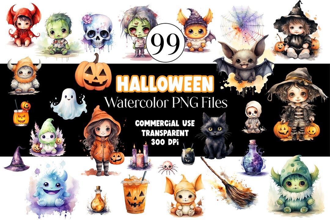 Watercolor Clipart Halloween PNG Commercial Use Spooky Season PNG ...