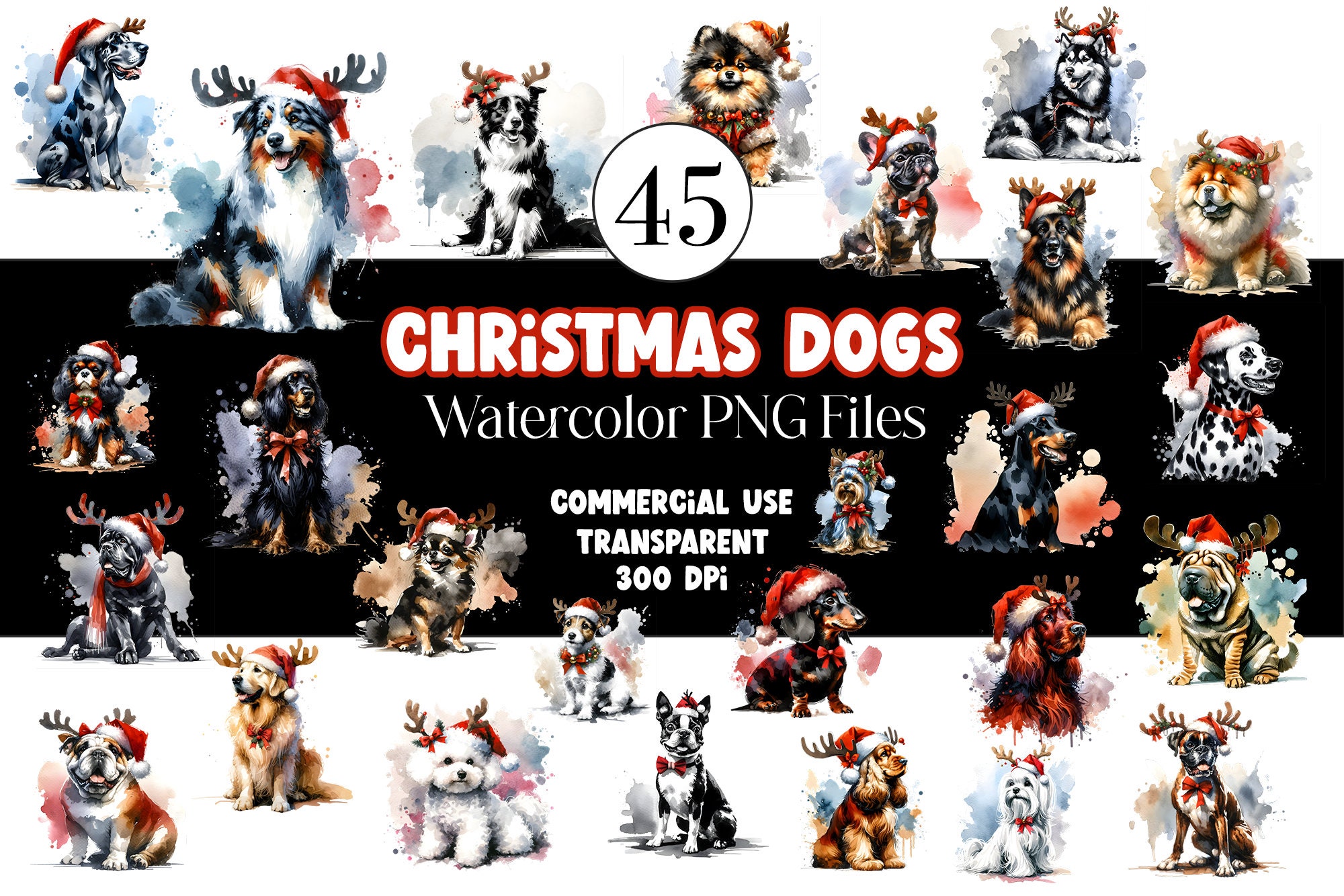 Watercolor Dog Clipart Bundle Christmas Clipart Watercolor Clipart ...