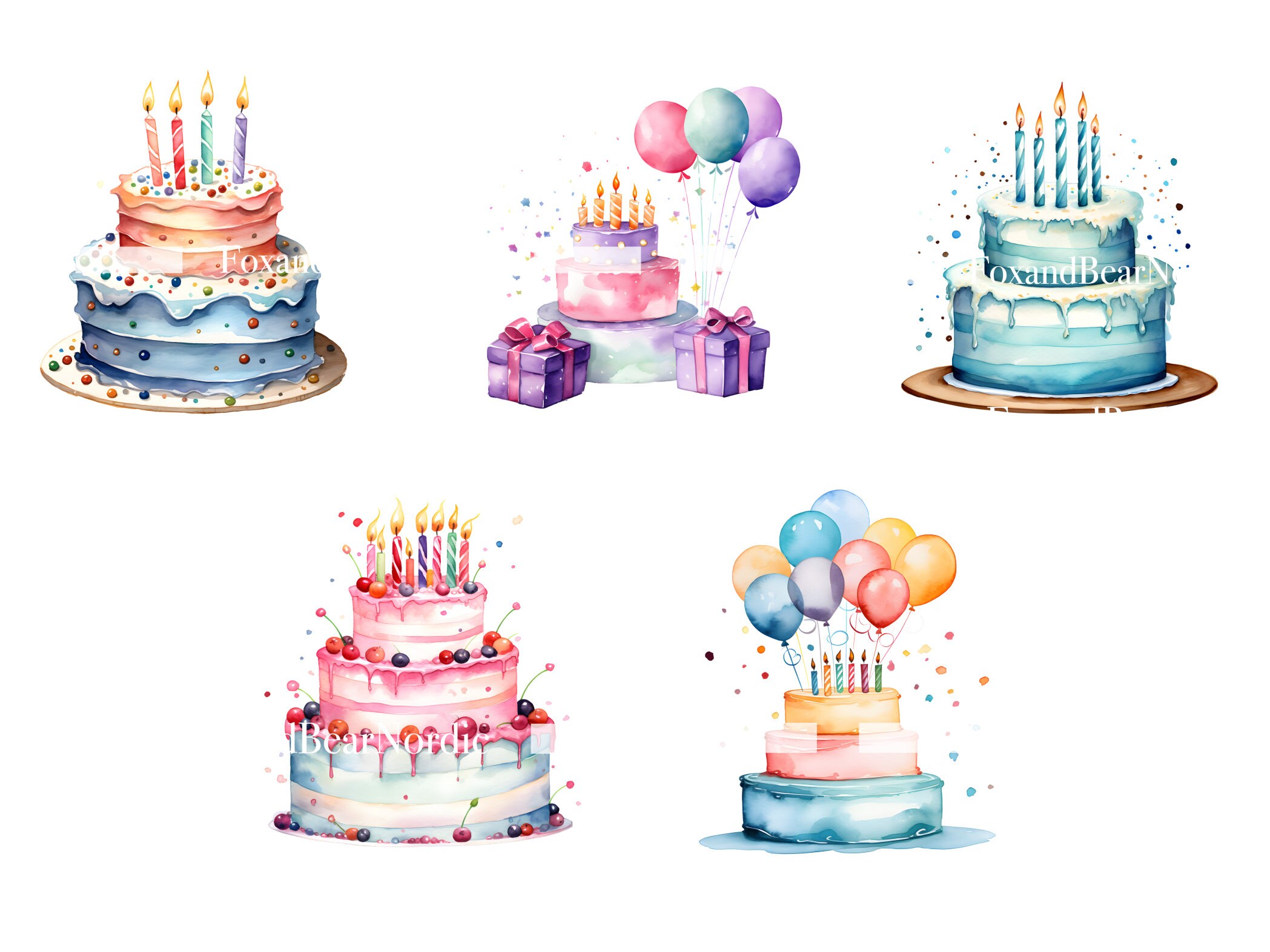 Birthday Party Cake Clipart Gifts Balloon Clipart PNG Bundle Watercolor ...