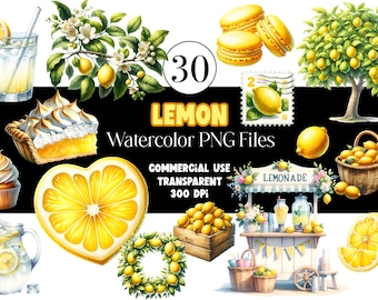 Watercolor Lemon Branch Clipart Bundle PNG Summer Fruits Clipart ...