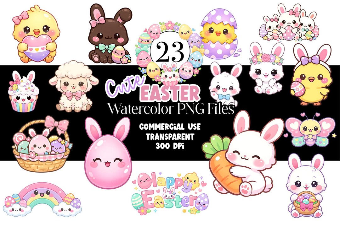 Kawaii Easter Clipart PNG Bundle | Cute Bunnies, Eggs, Chicks & Candy ...