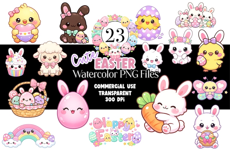 Kawaii Easter Clipart PNG Bundle | Cute Bunnies, Eggs, Chicks & Candy ...