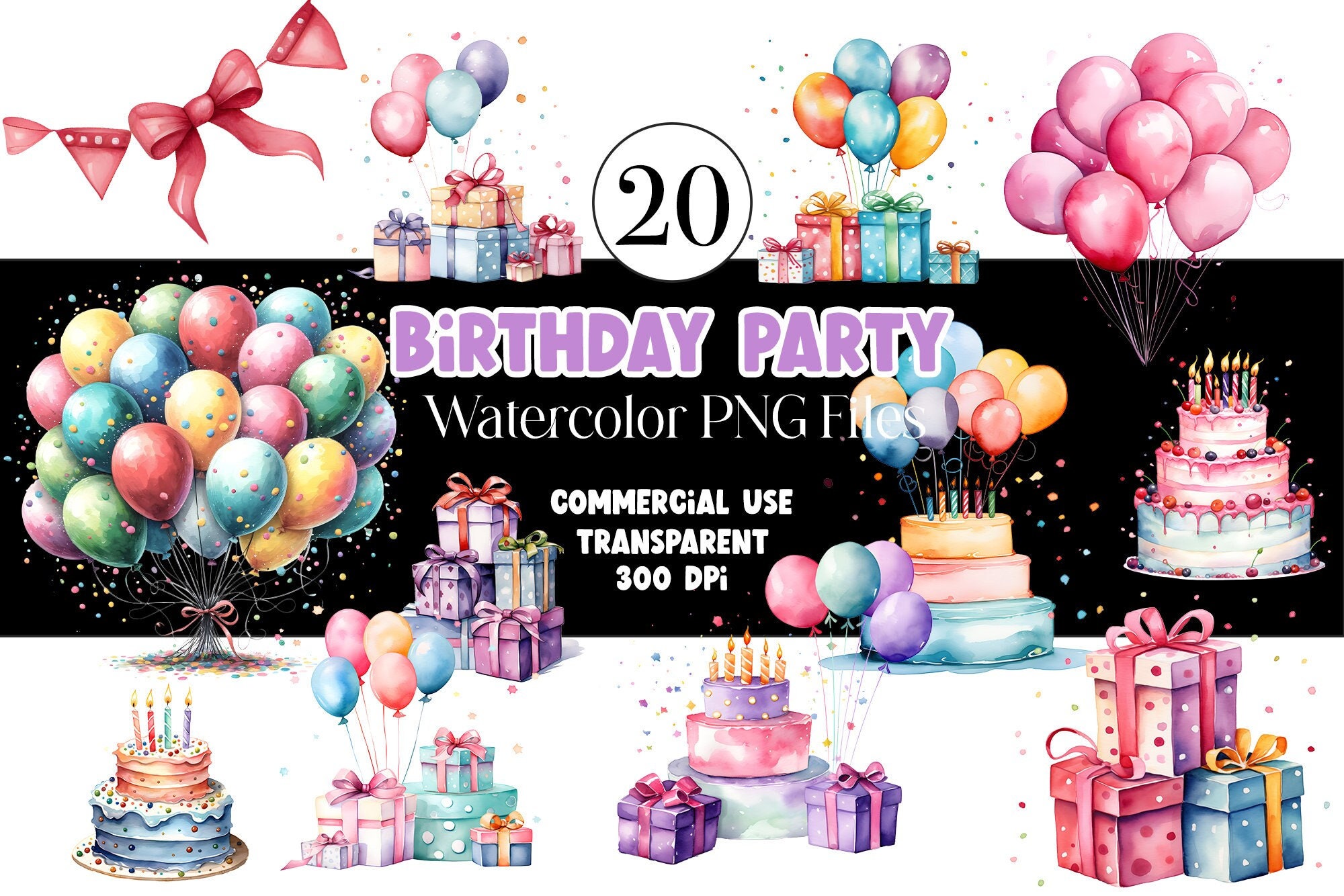 Birthday Party Cake Clipart Gifts Balloon Clipart PNG Bundle Watercolor ...