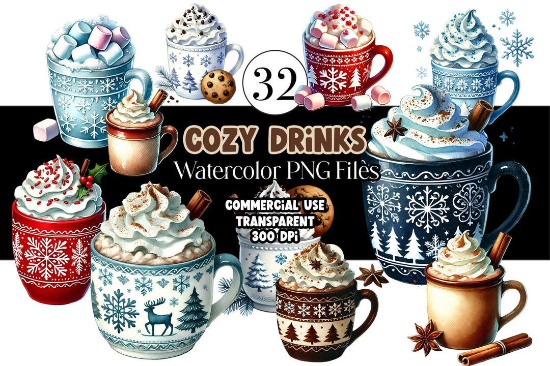 Cozy Drinks Clipart Hot Cocoa Cozy Christmas Coffee Mug PNG Watercolor ...