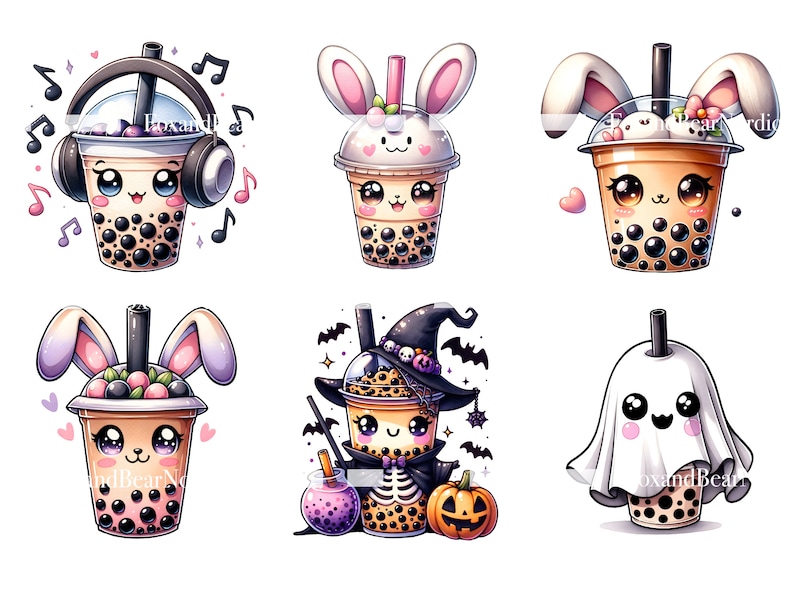 Boba Clipart Kawaii Clipart PNG Bundle Bubble Tea Clipart Cute Animal ...