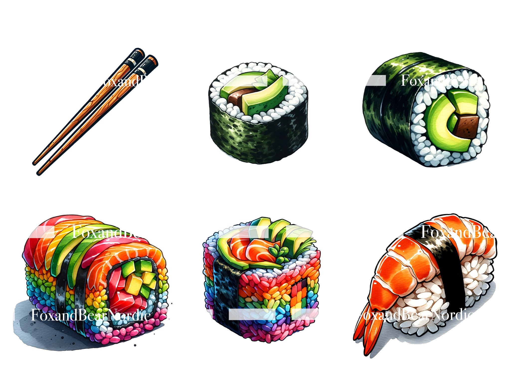 Watercolor Sushi Clipart Food Clipart Salmon Sushi Stickers Japanese ...
