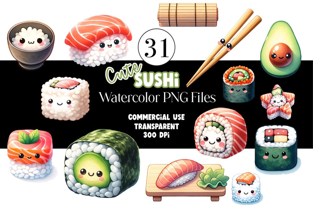 Watercolor Kawaii Sushi Clipart Food Clipart Salmon Sushi Stickers ...