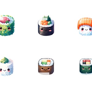 Watercolor Kawaii Sushi Clipart Food Clipart Salmon Sushi Stickers ...