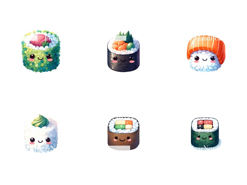 Watercolor Kawaii Sushi Clipart Food Clipart Salmon Sushi Stickers ...