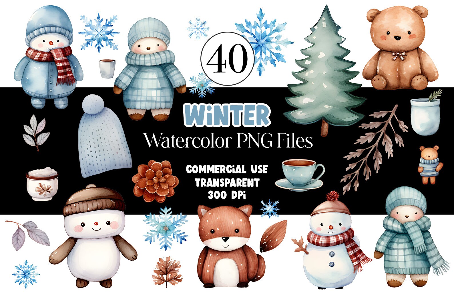 Watercolor Clipart Winter PNG Commercial Use Watercolor Clip Art Winter ...