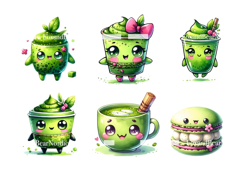 Watercolor Matcha Clipart Kawaii Clipart PNG Bundle Matcha Lover ...