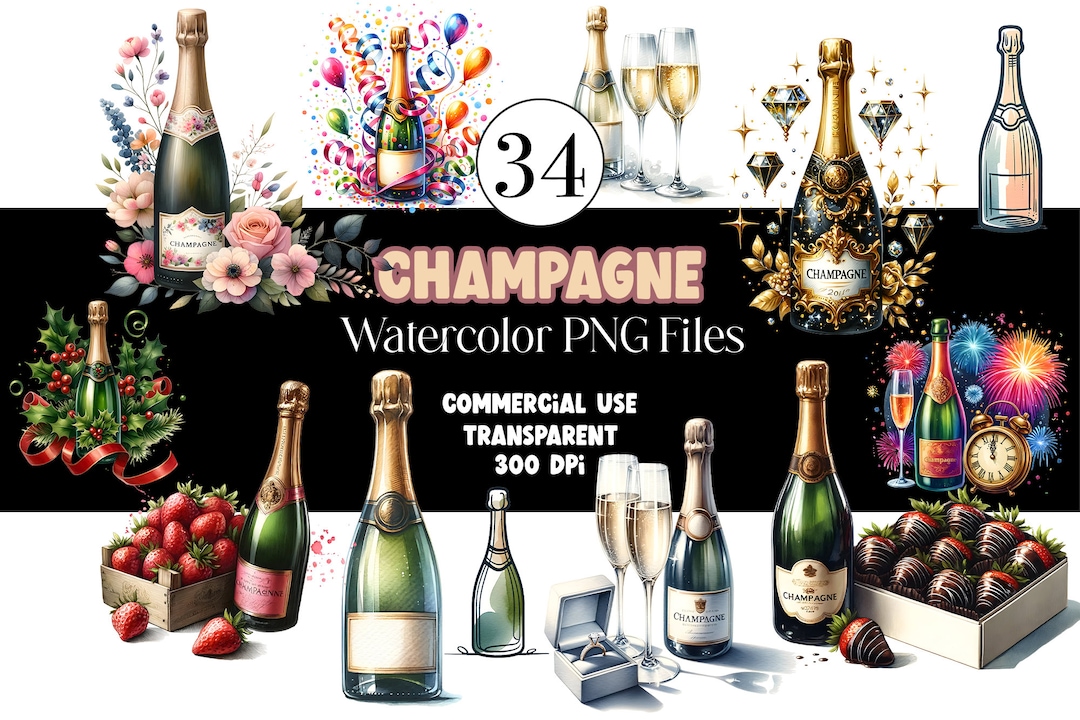 Watercolor Champagne Clipart Champagne Bottle Celebration Wedding Party ...