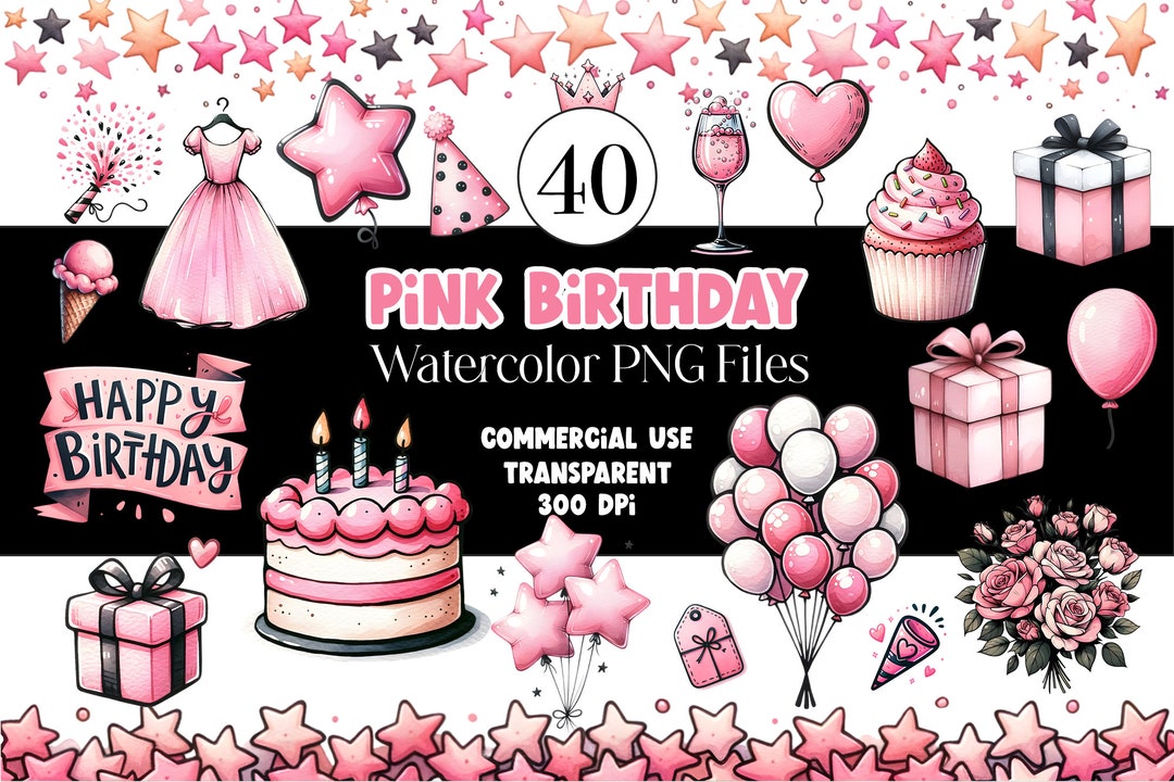 Pink Birthday Party Cake Clipart Gifts Balloon Clipart PNG Bundle ...