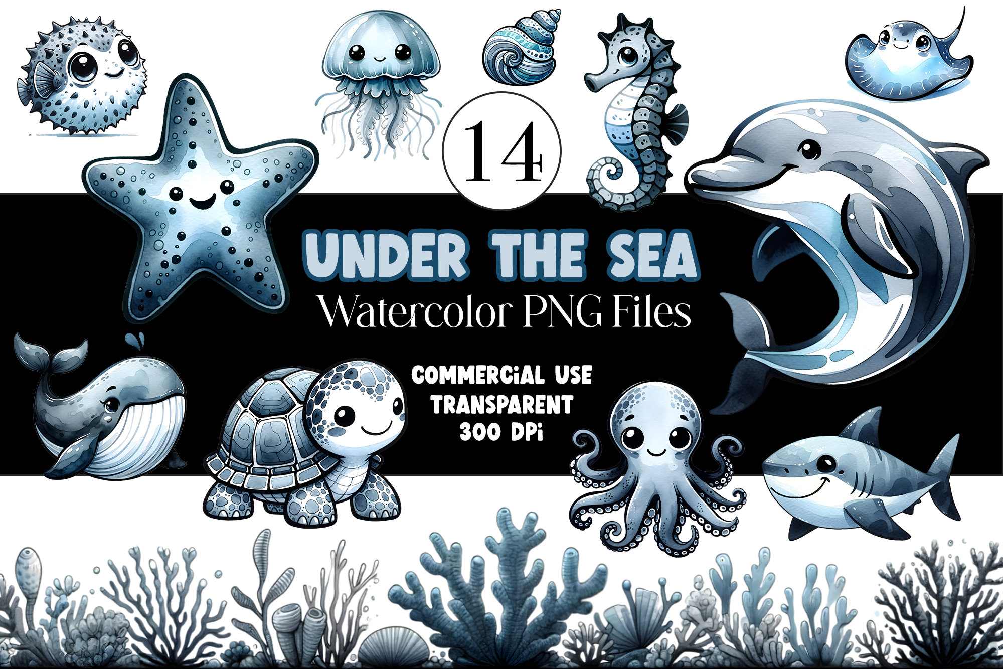 Watercolor Sea Animal Clipart for Kids Sea Turtle PNG Under the Sea ...