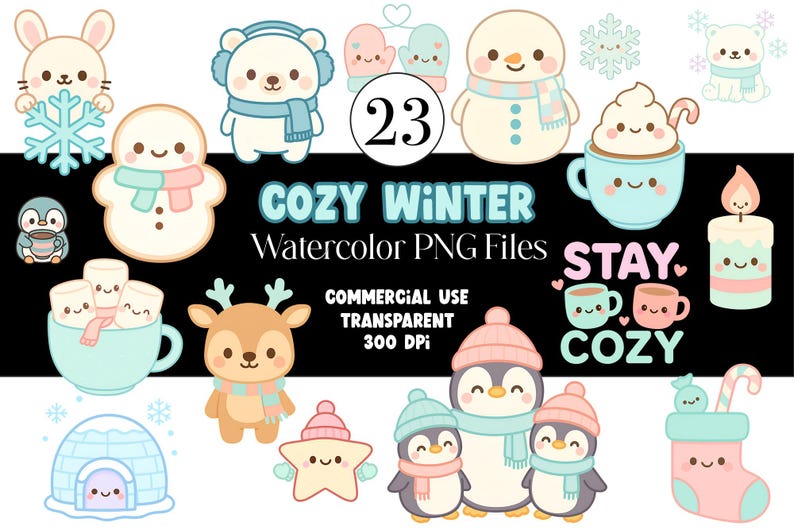 Kawaii Winter Clipart PNG Bundle | Cute Snowmen, Mugs, Penguins ...