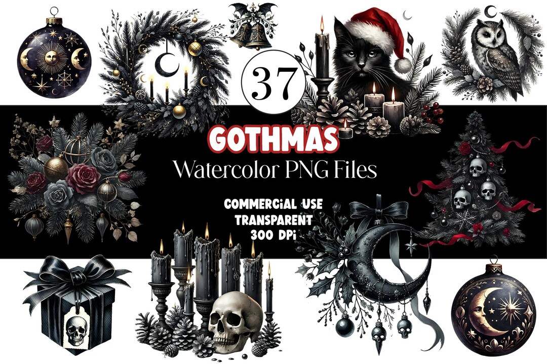 Gothmas Clipart PNG Bundle Dark Gothic Christmas Clip Art Raven Skulls ...