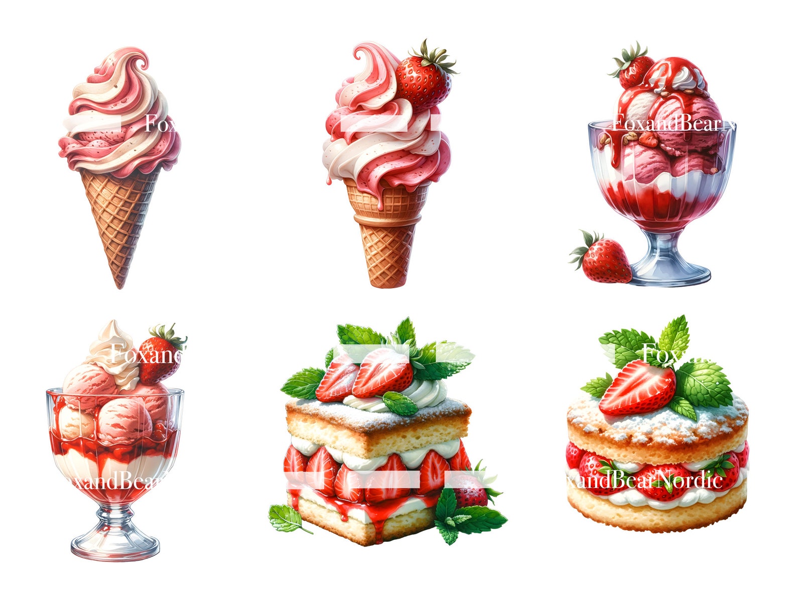 Watercolor Strawberry Clipart Food Ice Cream Clipart Summer Clipart Ice ...