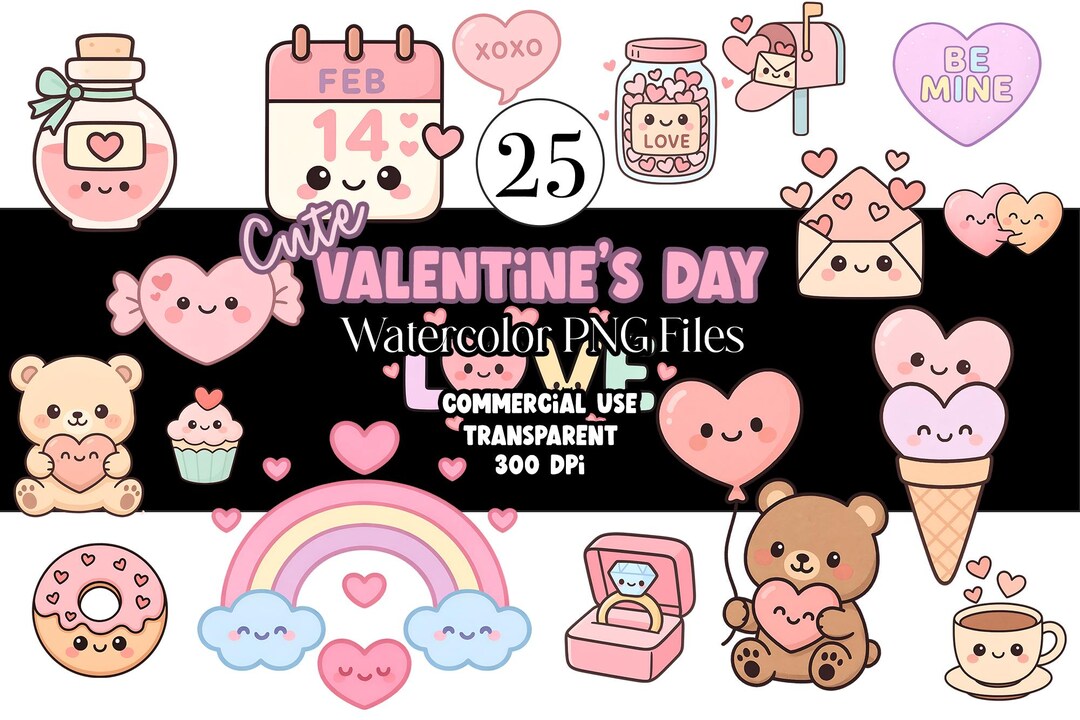 Kawaii Valentine’s Clipart PNG Bundle | 25 Valentine Cute Hearts, Candy ...