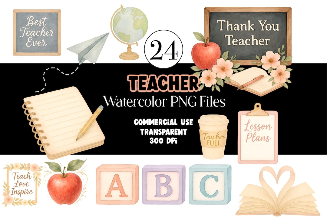 Watercolor Teacher Clipart Bundle | Teacher Appreciation PNG, Classroom ...