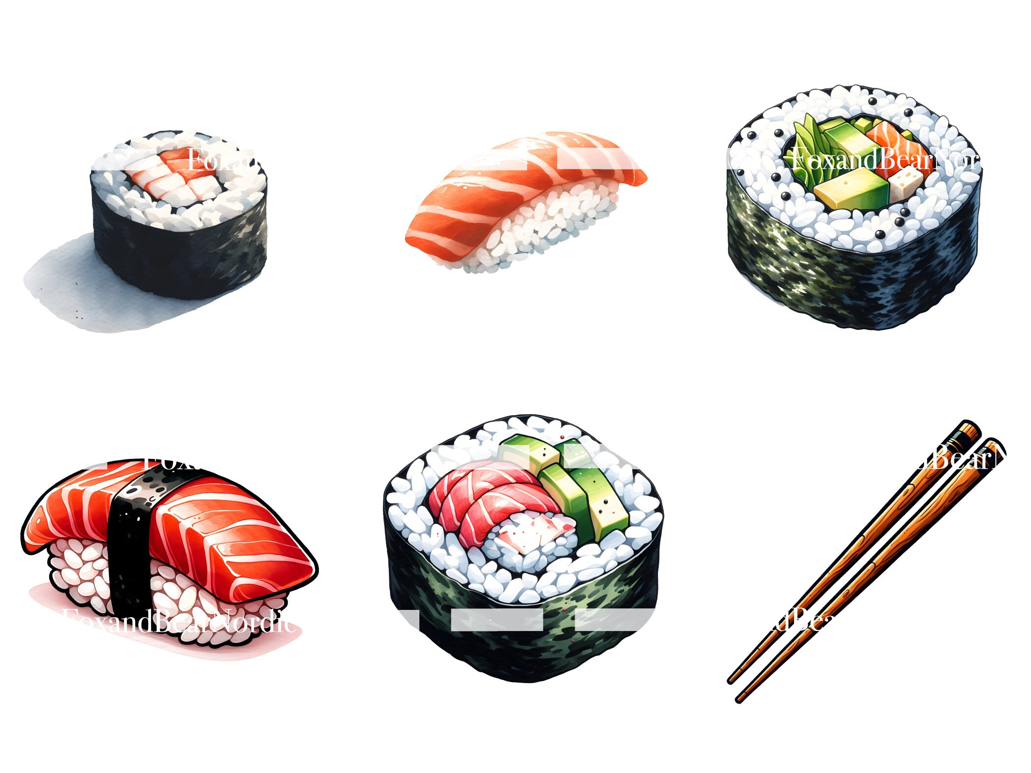 Watercolor Sushi Clipart Food Clipart Salmon Sushi Stickers Japanese ...