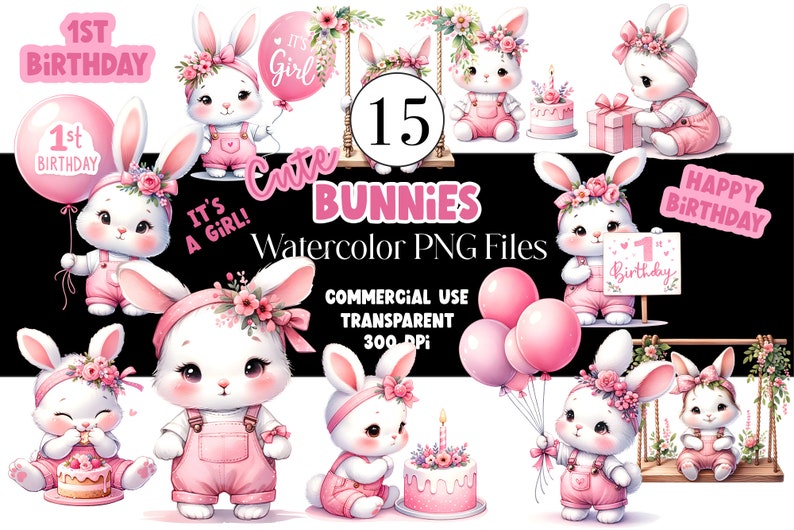 Baby Bunny Birthday Party Clipart Baby Girl Clipart 1st Birthday Girl ...