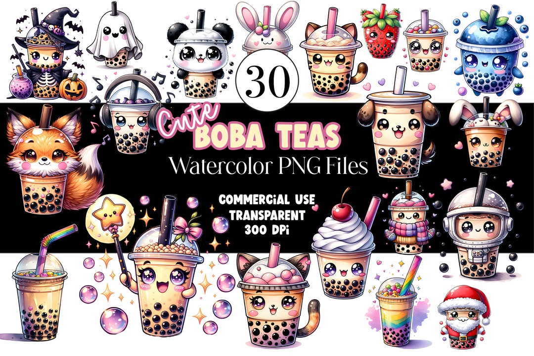 Boba Clipart Kawaii Clipart PNG Bundle Bubble Tea Clipart Cute Animal ...