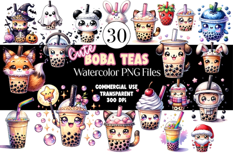 Boba Clipart Kawaii Clipart PNG Bundle Bubble Tea Clipart Cute Animal ...