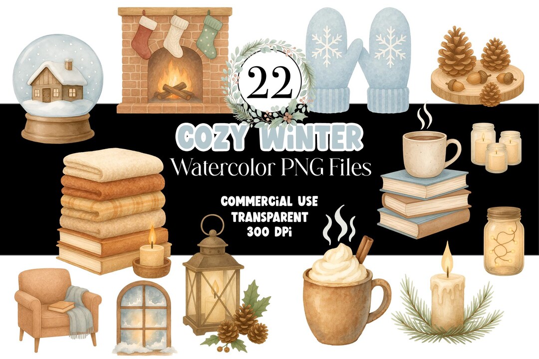 Cozy Winter Watercolor Clipart PNG Bundle | Hygge Christmas Mug ...