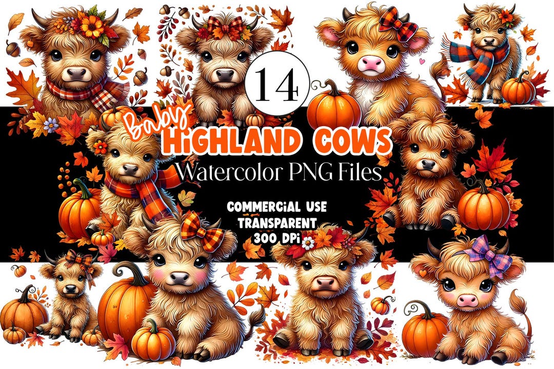 Watercolor Thanksgiving Highland Cow PNG Autumn Clipart Baby Animal ...