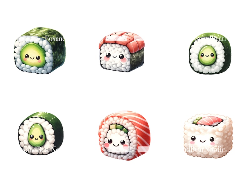 Watercolor Kawaii Sushi Clipart Food Clipart Salmon Sushi Stickers ...