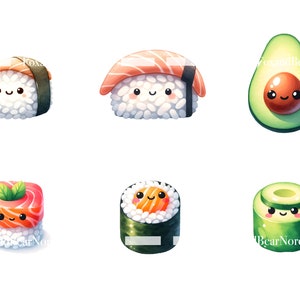 Watercolor Kawaii Sushi Clipart Food Clipart Salmon Sushi Stickers ...