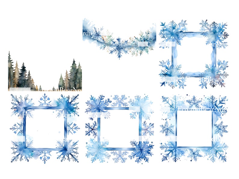 Snowflake Border Watercolor Clipart Winter PNG Commercial Use ...