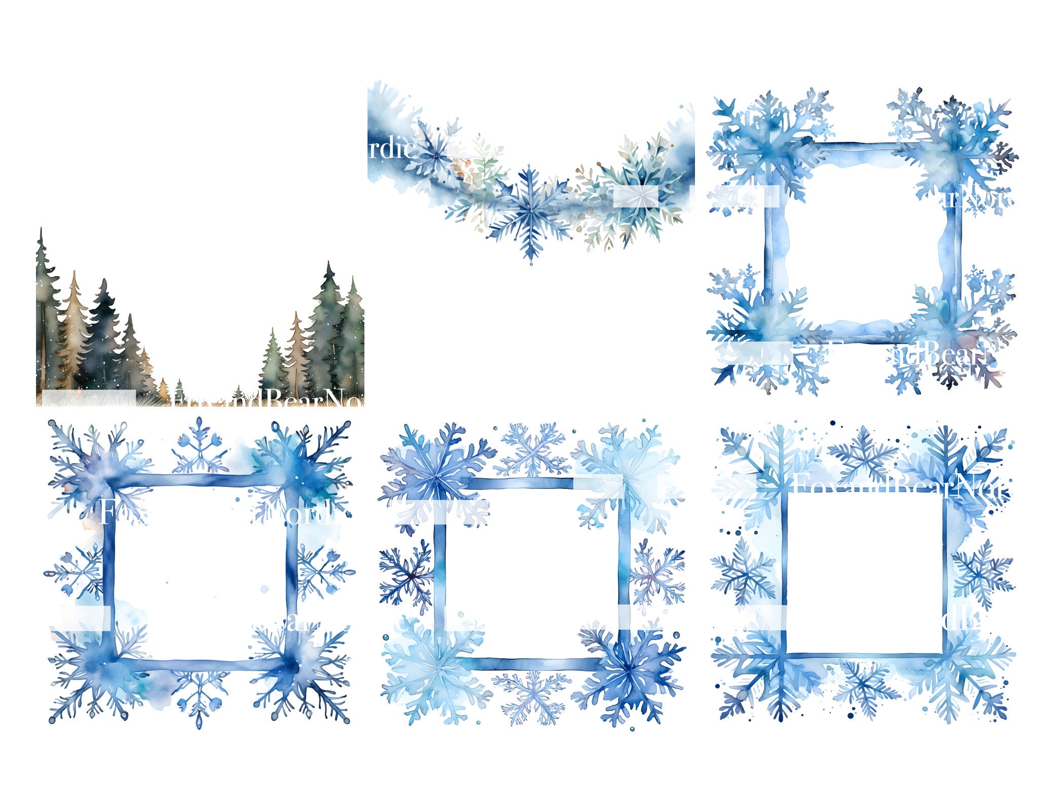 Snowflake Border Watercolor Clipart Winter PNG Commercial Use ...
