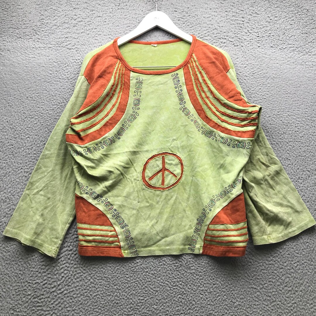 Vintage Nepal Peace Sign T-shirt Women's L Long Sleeve Graphic Scoop ...