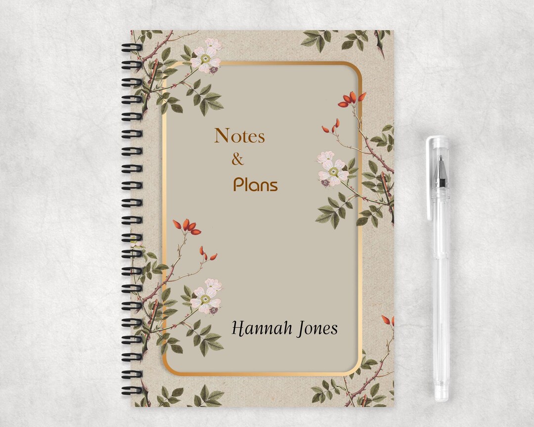 Personalised A5 Notebook, Flowers & Leaves, Olive Green Wired ...