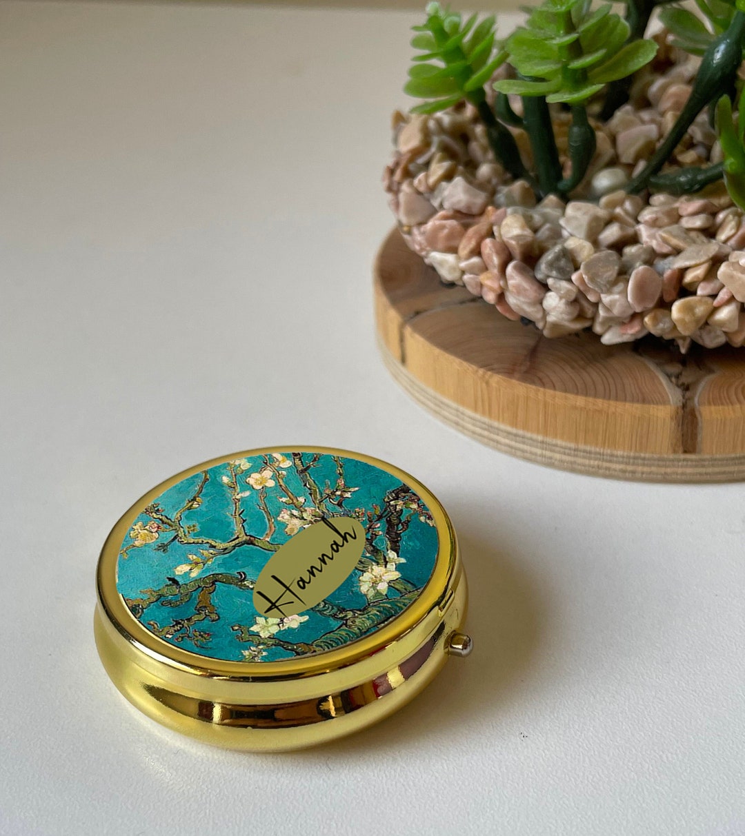 Van Gogh Teal Almond Blossom Personalised Pill Box,round Gold Stud Case ...