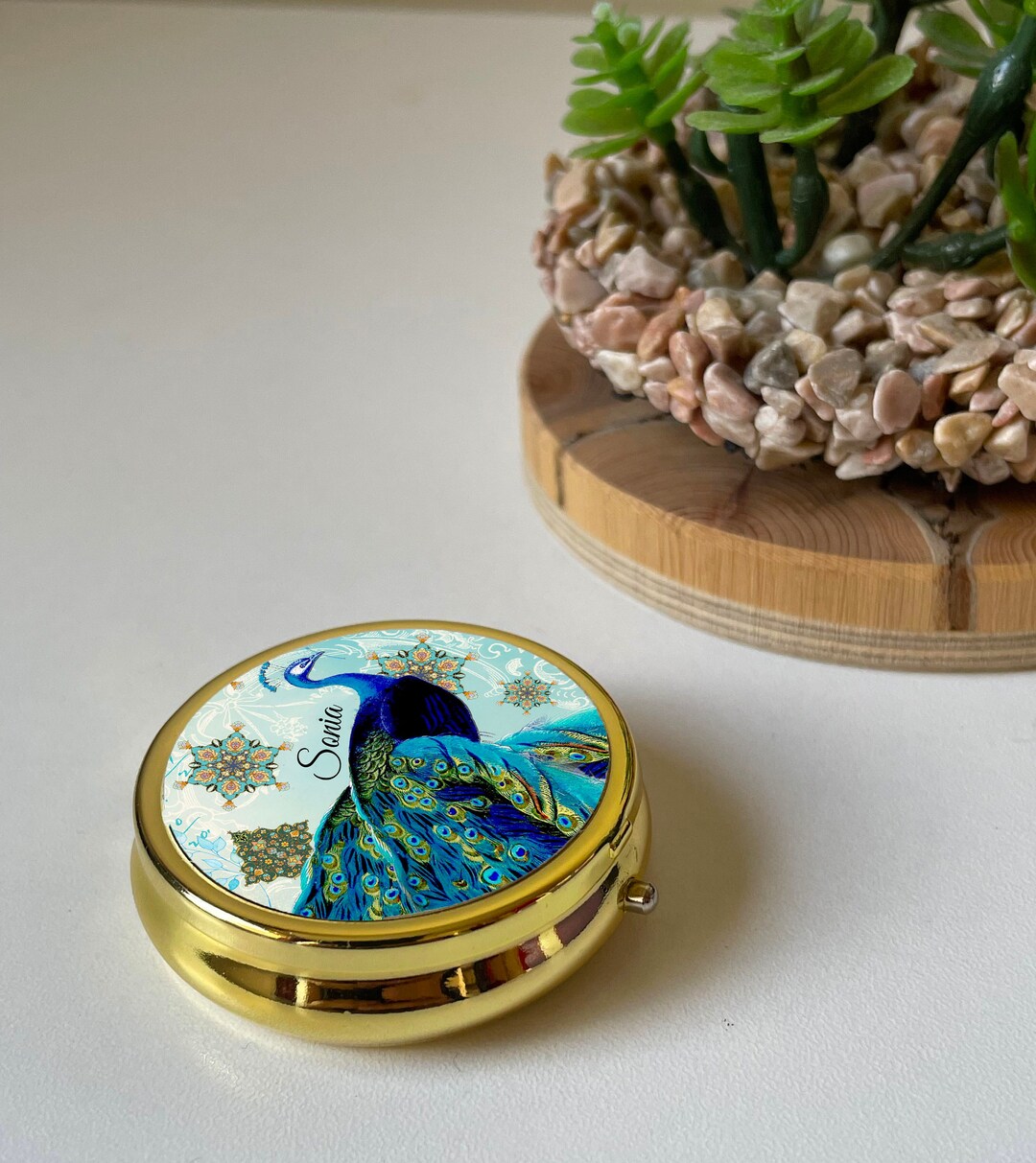 Peacock Blue Personalised Pill Box , Round Gold Stud Jewellery Case ...