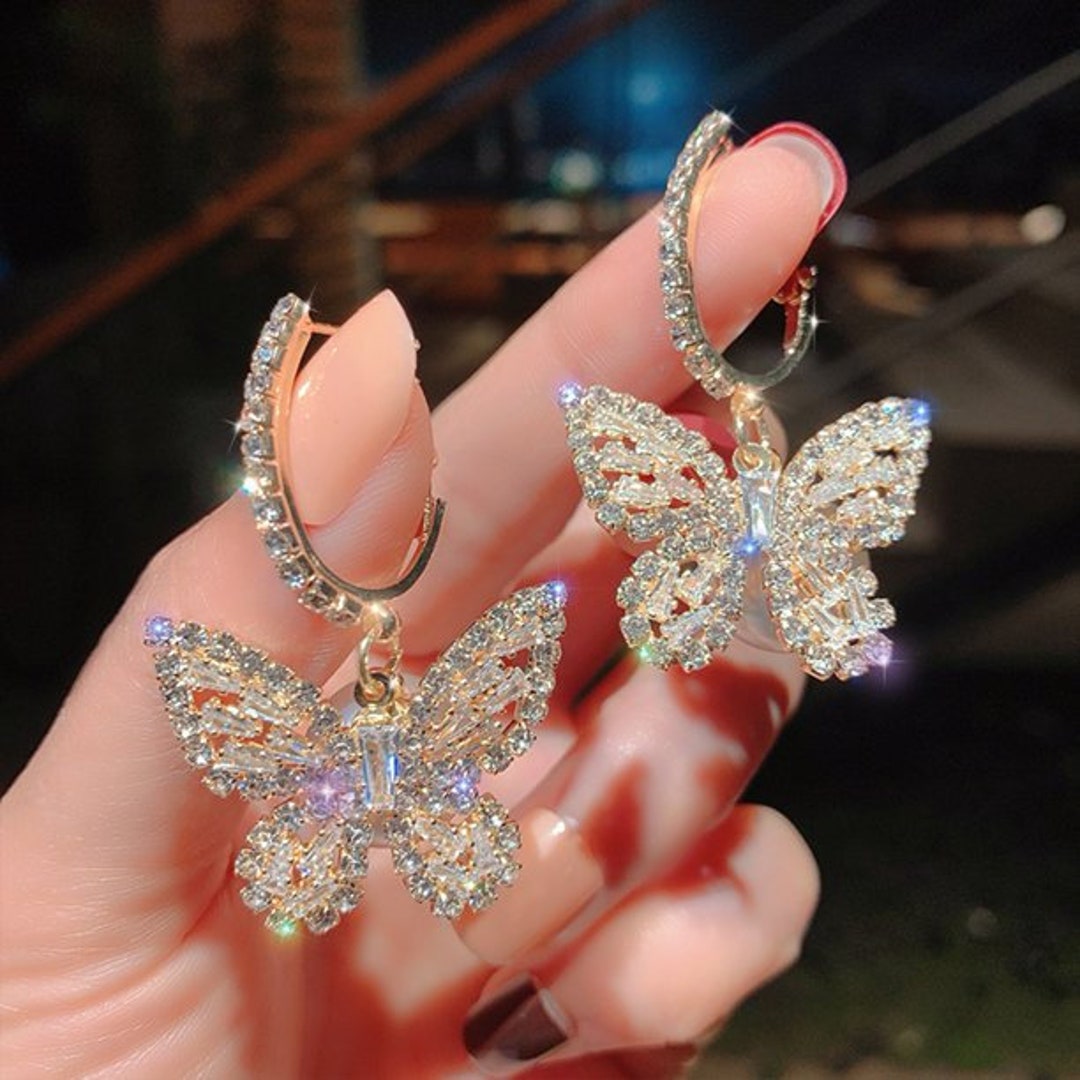 Butterfly Dangle Earrings, Butterfly Rhinestone Jewelry, Sparkly Earrings, Handmade Girly ...