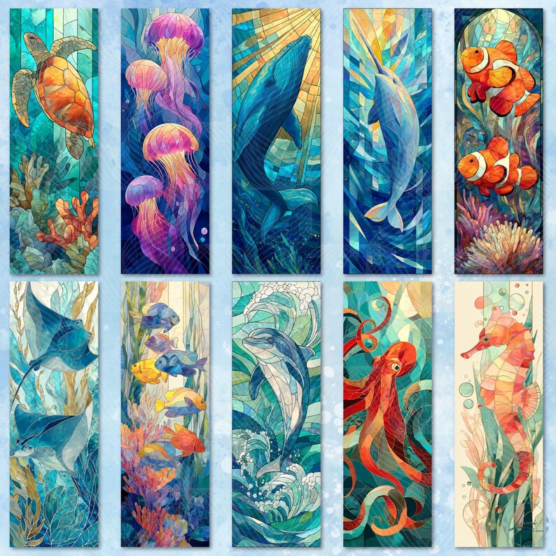 Sea Creatures Stained Glass Bookmark Printable Pdf Bundle, Faux 3d PNG ...