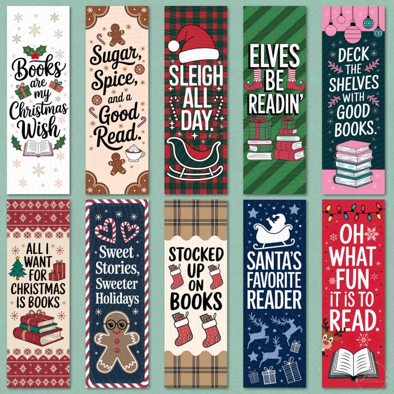 Christmas Bookmarks Printable Pdf Bundle, Holiday Book Lover Trendy PNG ...