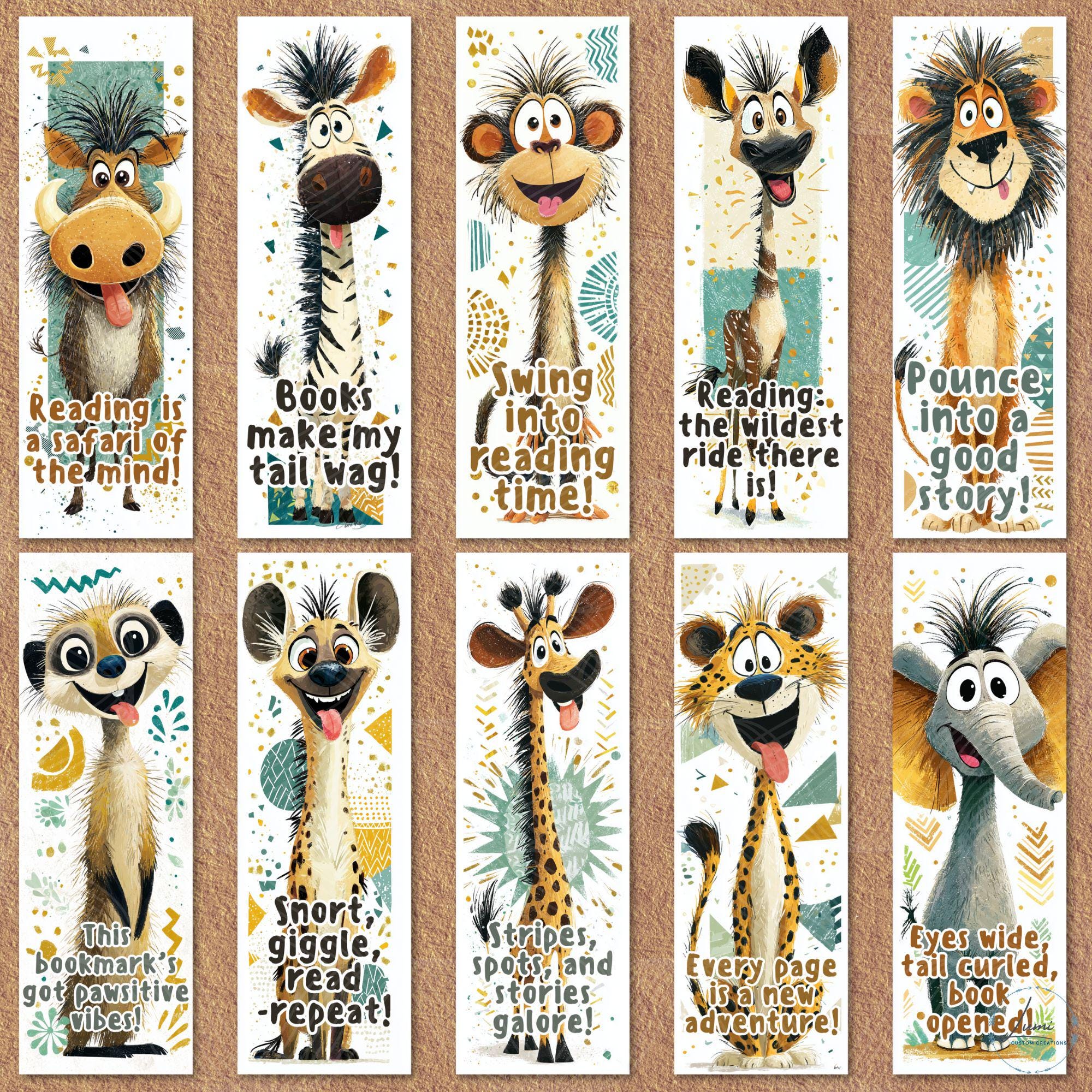 Quirky Safari Animal Bookmark Printable Pdf Bundle, Whimsical PNG ...